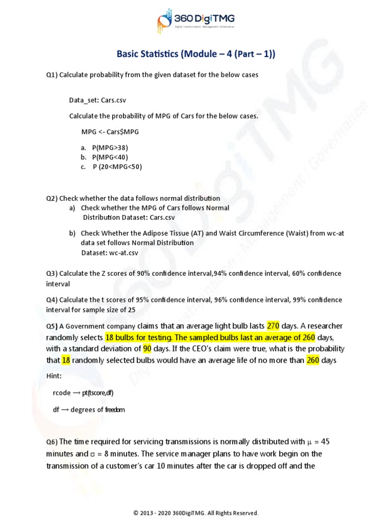 Basic Statistics (Module - 4 ( - 1) ) : © 2013 - 2020 360digitmg. All ...