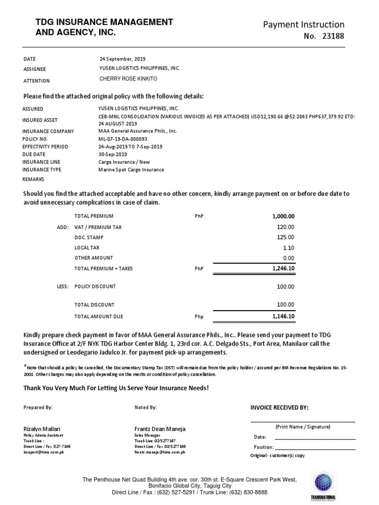 TDG Insurance Management and Agency, Inc.: Payment Instruction | PDF ...