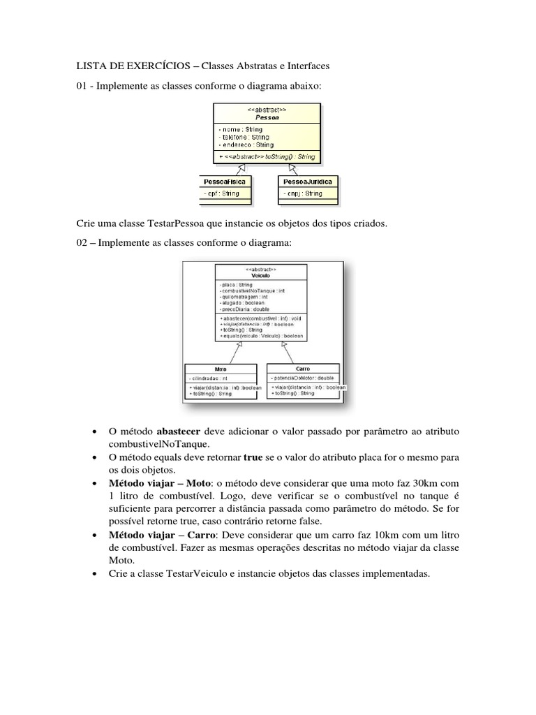 LISTA DE EXERCÍCIOS - Classes Abstratas e Interfaces | PDF