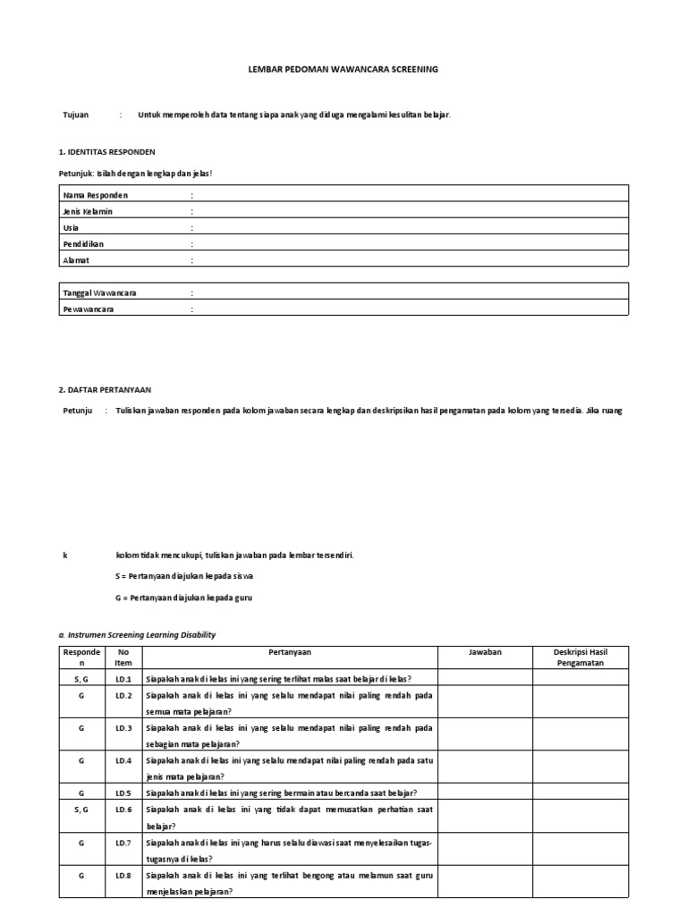 Lembar Pedoman Wawancara Screening | PDF
