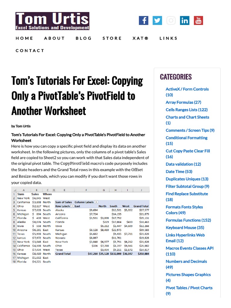 Toms Tutorials For Excel Copying Only A Pivottables Pivotfield To Another Worksheet Tom