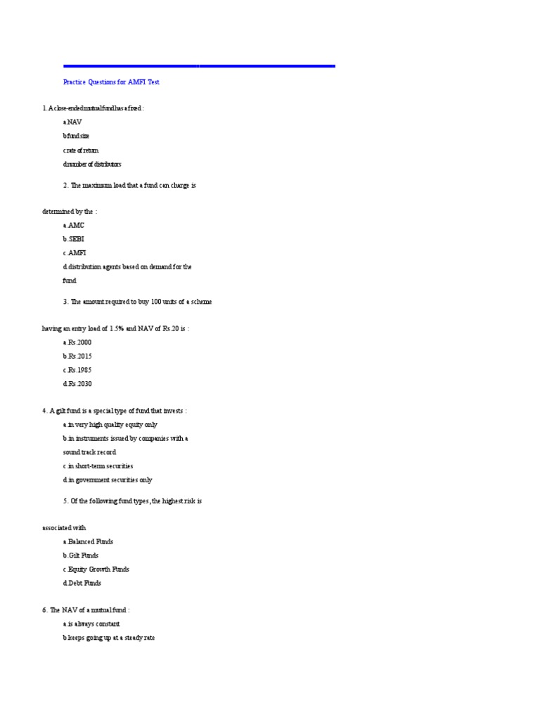 Practice Questions For AMFI Test | PDF | Mutual Funds | Stocks