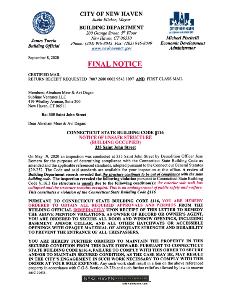 335 Saint John Street Final Notice of Unsafe Structure Sep 2020 | PDF