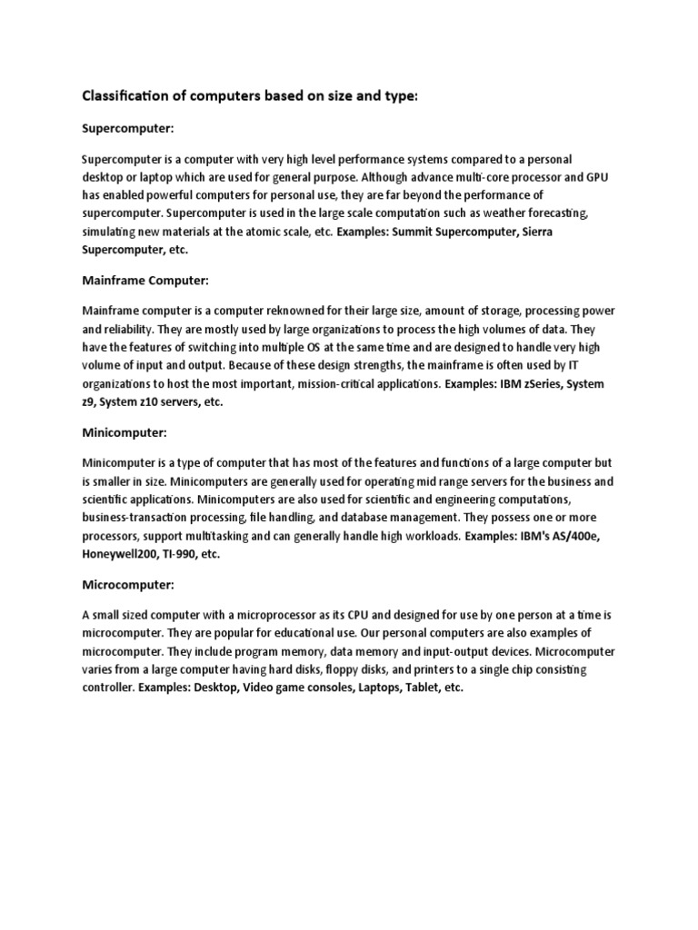 Classification of Computers Based On Size and Type | PDF