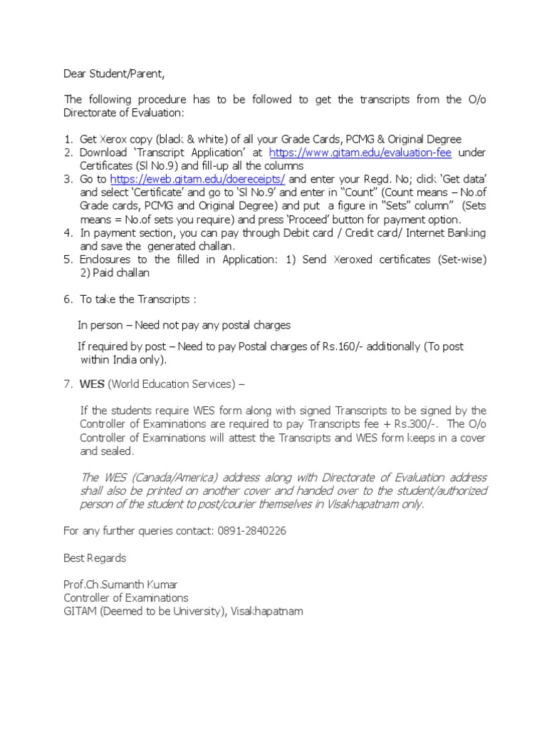 Transcripts Procedure Letter | PDF