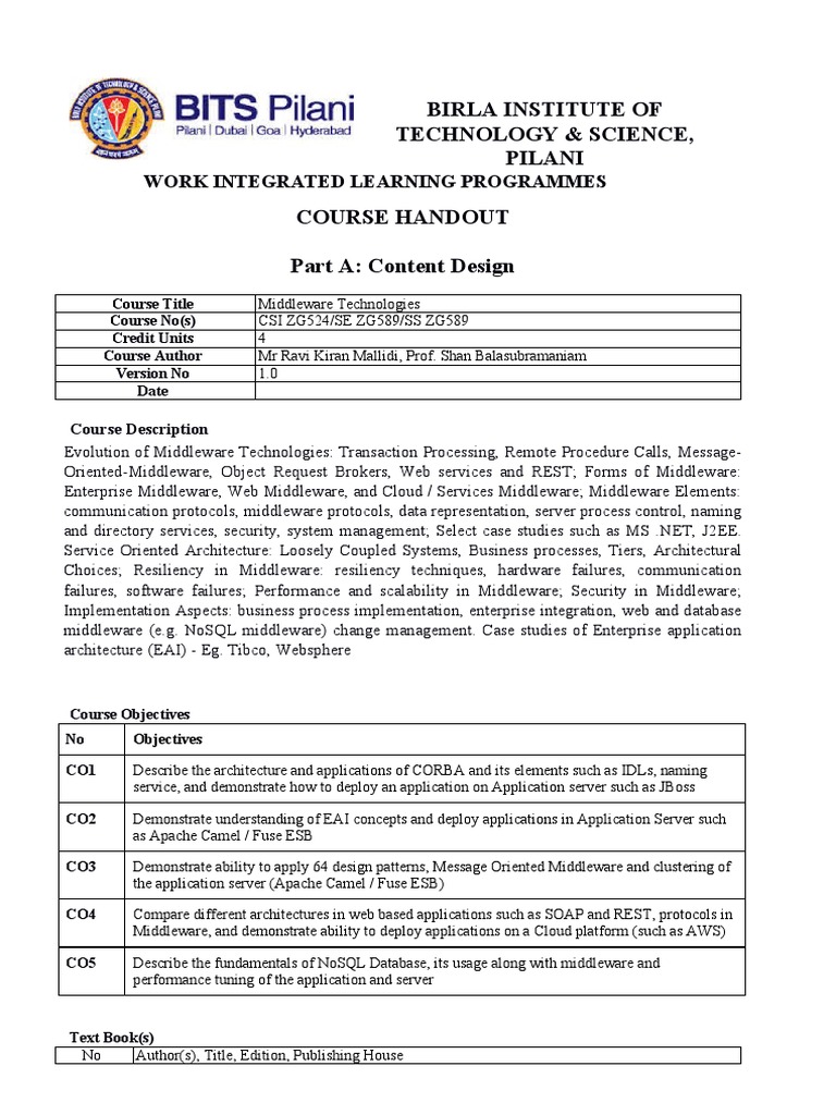Birla Institute of Technology & Science, Pilani Course Handout Part A ...