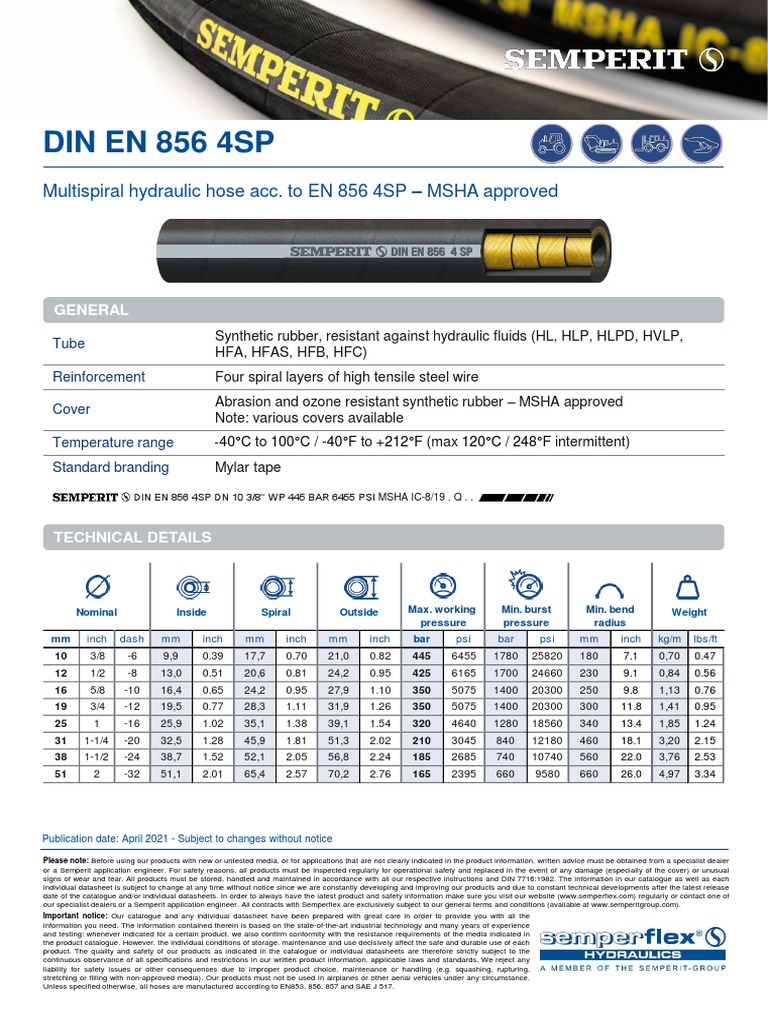 Din en 856 4Sp: Multispiral Hydraulic Hose Acc. To EN 856 4SP - MSHA Approved | PDF | Mechanical ...