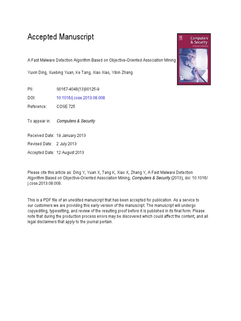 A Fast Malware Detection Algorithm Based On Objective Oriented Association Mining Pdf