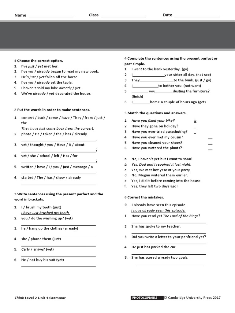 THINK L2 Unit 1 Grammar | PDF