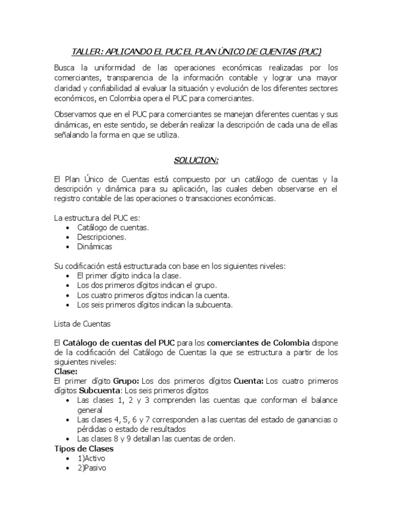 Taller 3TALLER APLICANDO EL PUC EL PLAN ÚNICO DE CUENTAS (PUC) | PDF ...