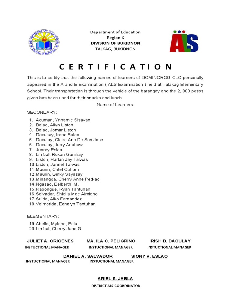 Als Certificate For Barangay | PDF