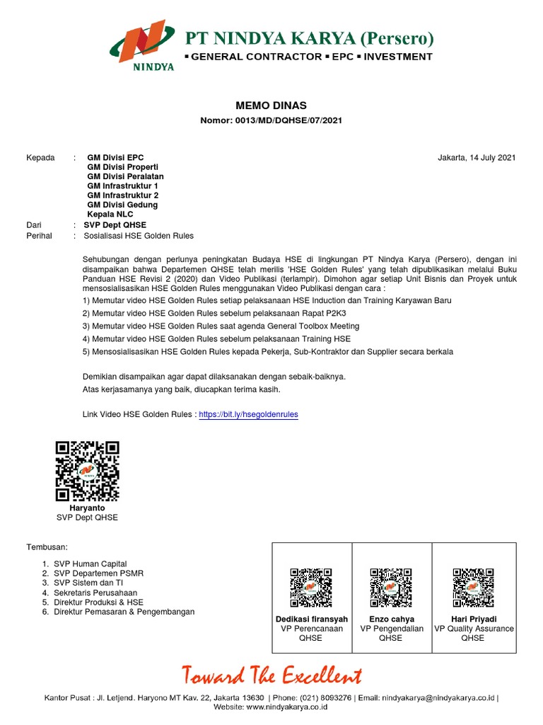 Memo Dinas Sosialisasi HSE Golden Rules | PDF