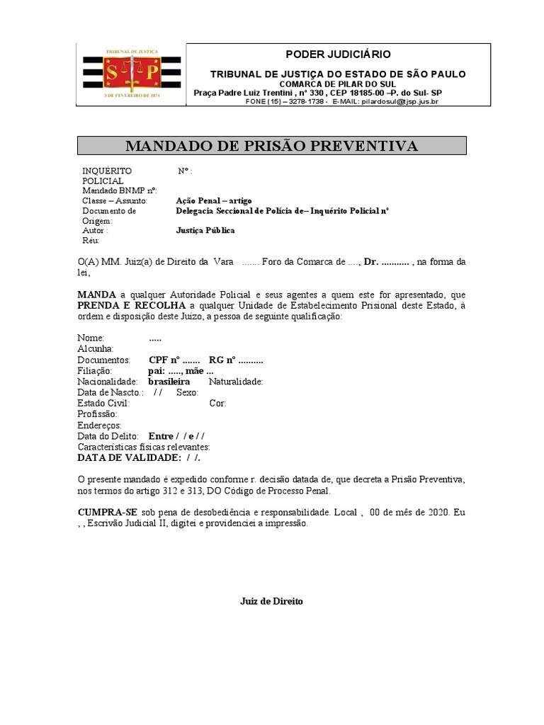 Mandado de Prisão MODELO | PDF Mandado de Prisão MODELO | PDF