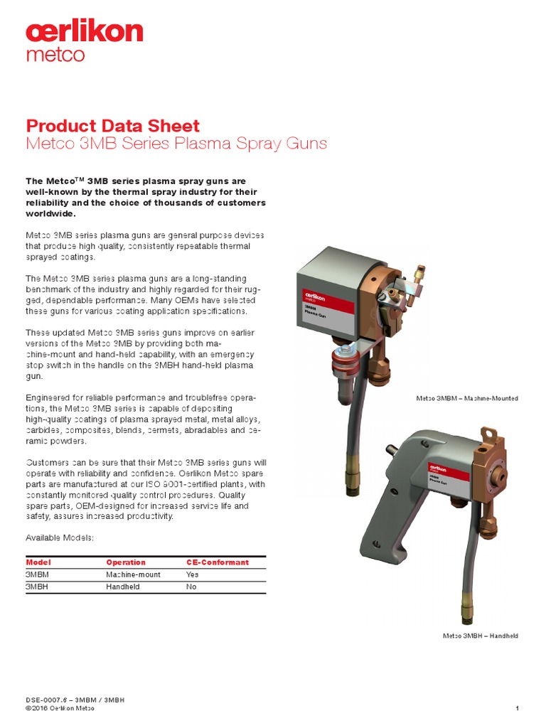 Product Data Sheet Metco 3MB Series Plasma Spray Guns: Model Operation ...