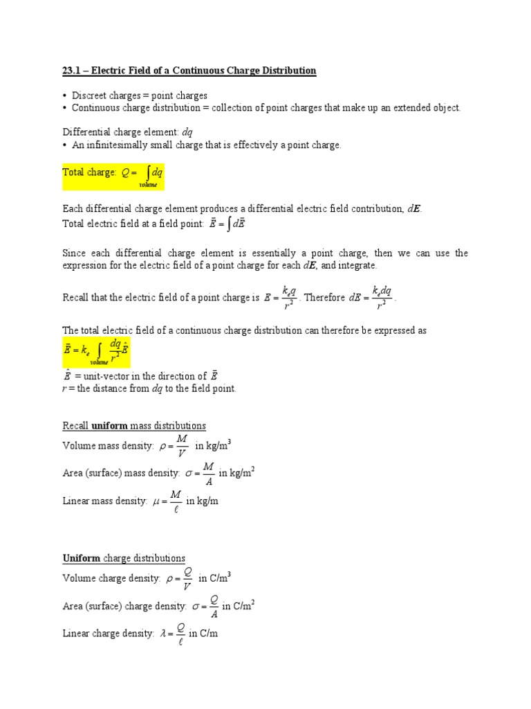 Calculating the Electric Field of Continuous Charge Distributions | PDF | Electric Field | Volume