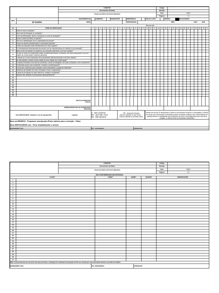 Check List Prensa Hidráulica | Download grátis PDF | Science | Engenharia