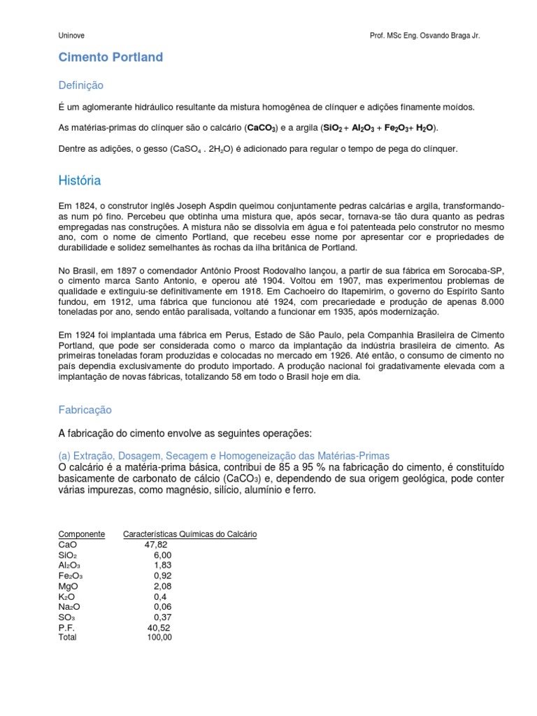 Composição e Fabricação do Cimento Portland | PDF | Cimento | Material ...