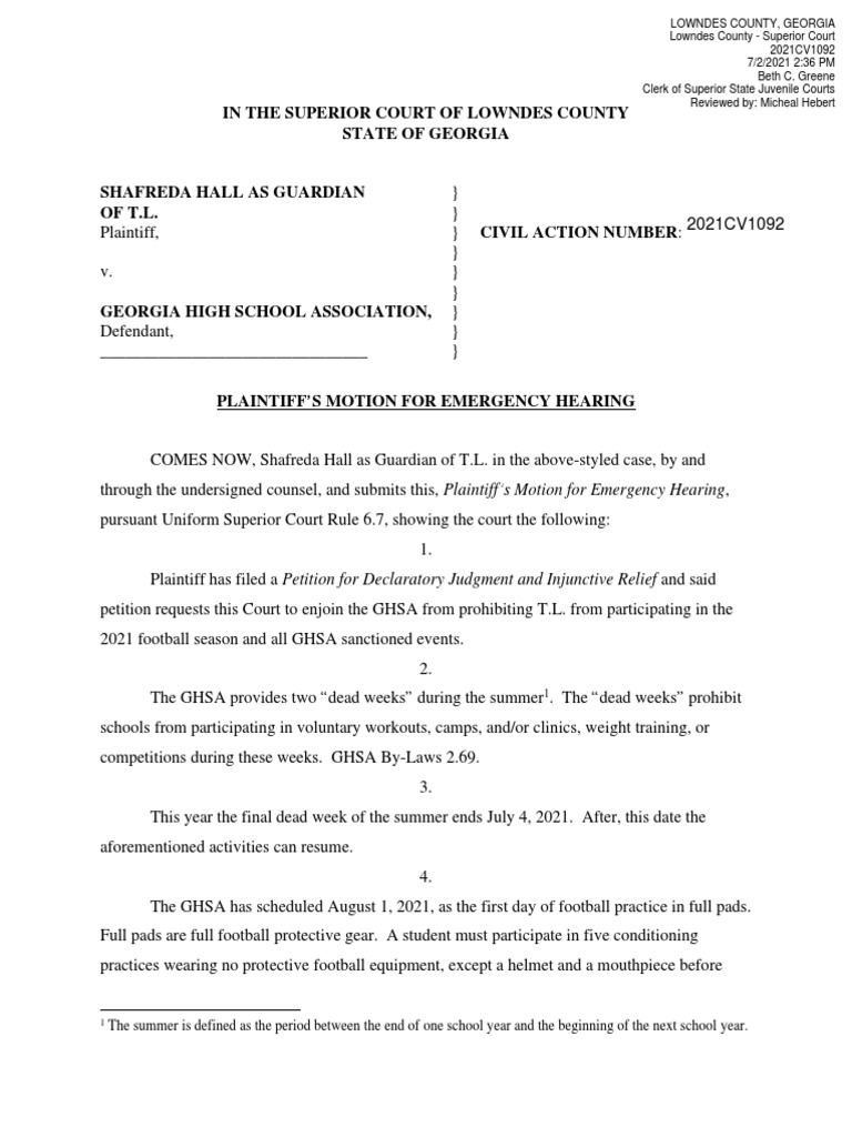 Shafreda Hall As Guardian of T.L. MOTION FOR EMERGENCY HEARING | PDF | Injunction | Separation ...