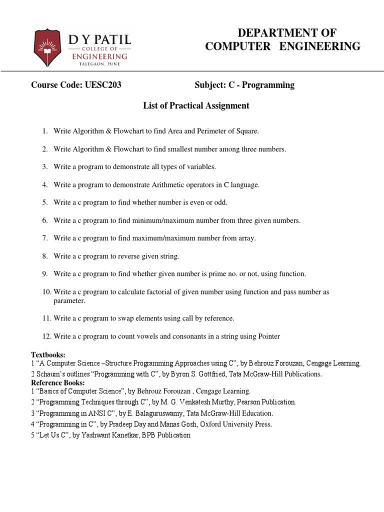Department of Computer Engineering: Course Code: UESC203 Subject: C - Programming List of ...