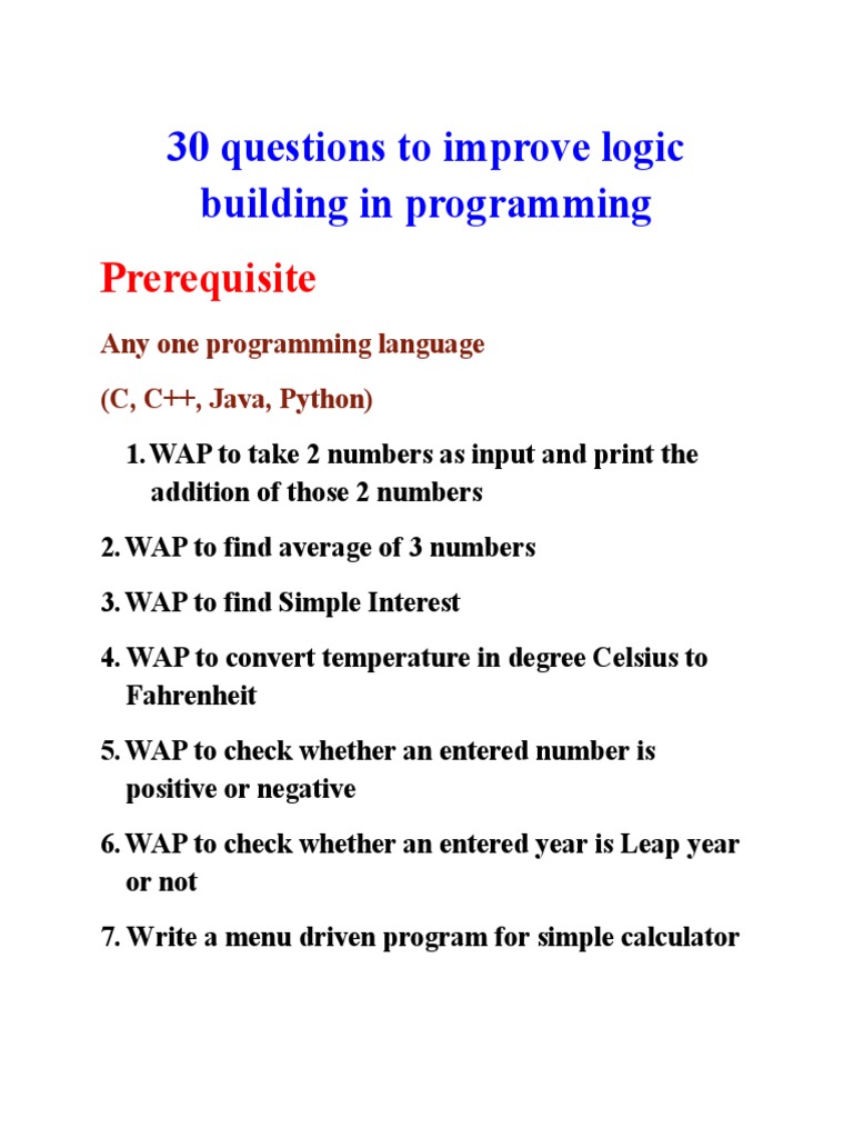 30 Questions To Improve Logic Building In Programming Pdf Numbers Computer Programming