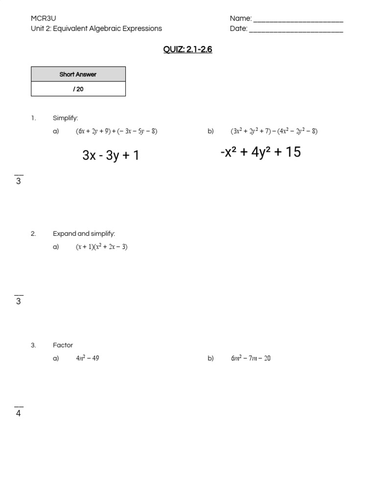Algebraic Expressions Quiz MCR3U | PDF | Teaching Methods & Materials