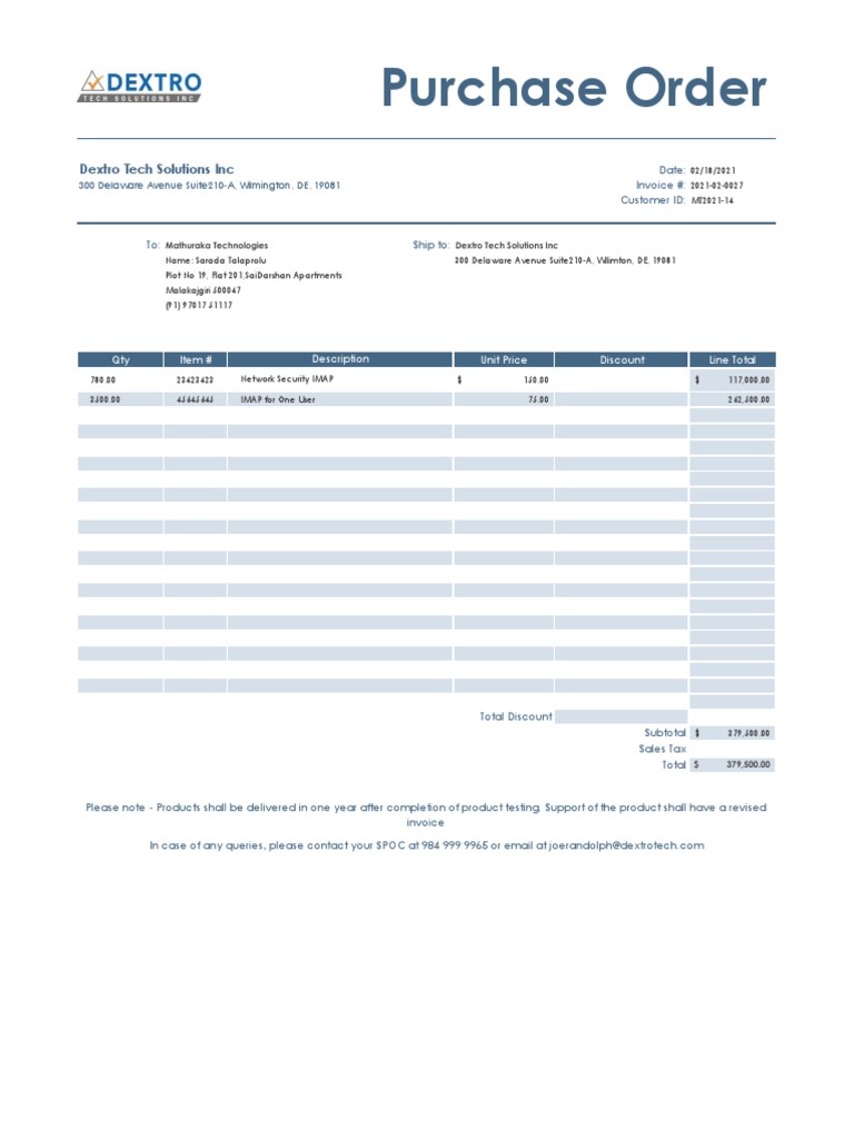 Purchase Order: Dextro Tech Solutions Inc | PDF