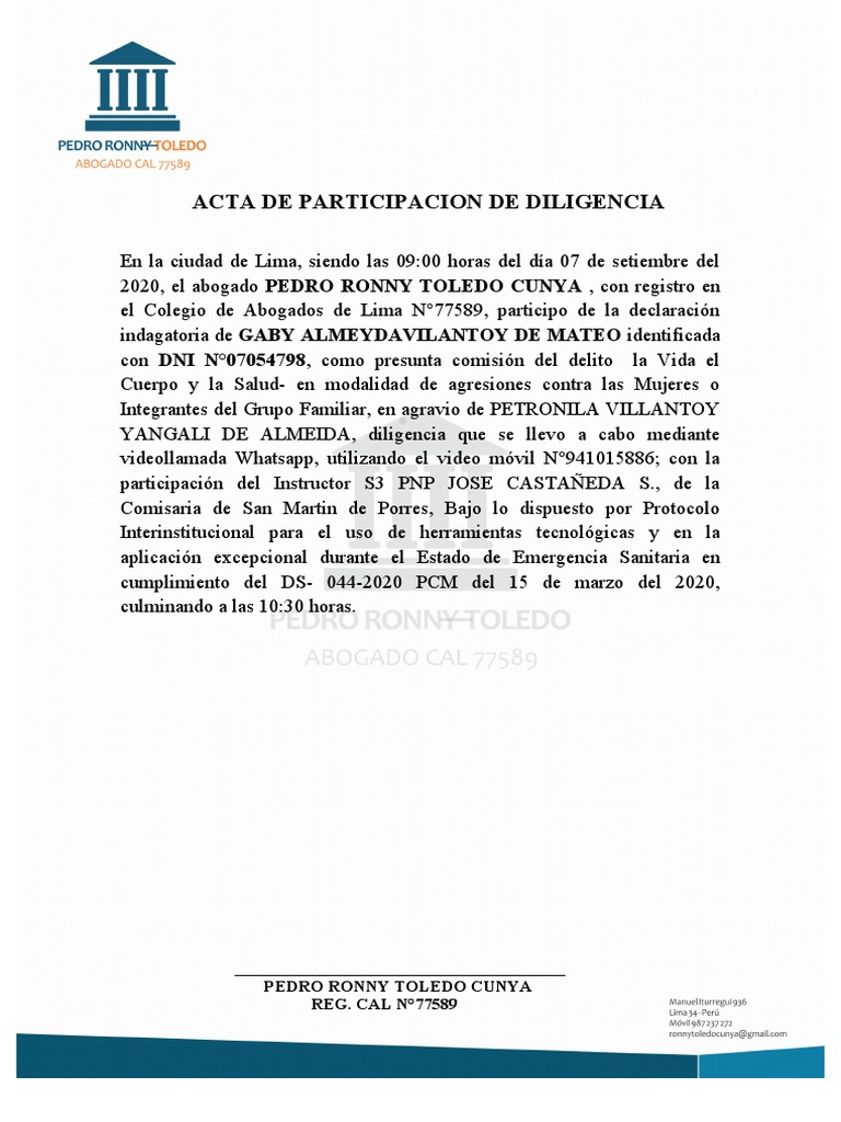 ACTA DE PARTICIPACION DE DILIGENCIA Sra Gaby Piñares | PDF | Finanzas y dinero | Ciencias sociales