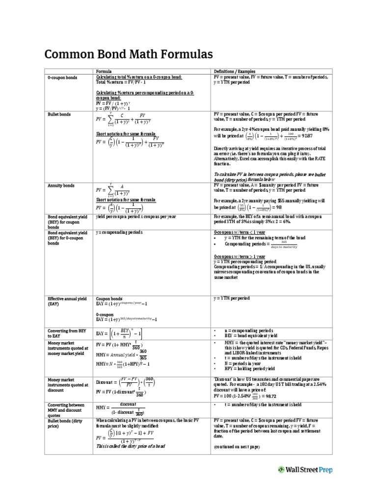 Bond Formula Cheat Sheet Pdf Bonds Finance Discounting