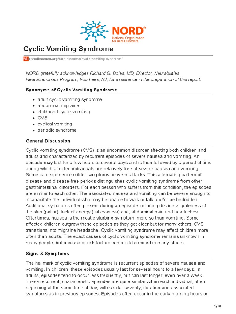 Cyclic Vomiting Syndrome - NORD | PDF | Migraine | Gastroesophageal ...