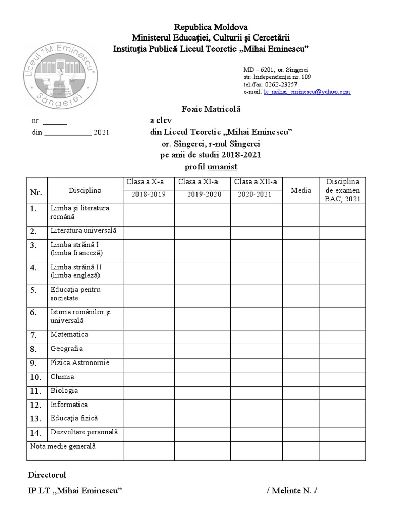 Foaie Matricolă Model Prof Umanist | PDF