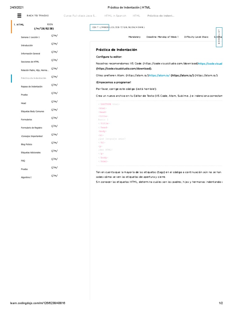 Práctica de Indentación - HTML | PDF | HTML