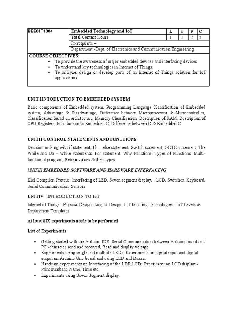 Syllabus Embedded Technology And Iot Pdf Embedded System Arduino