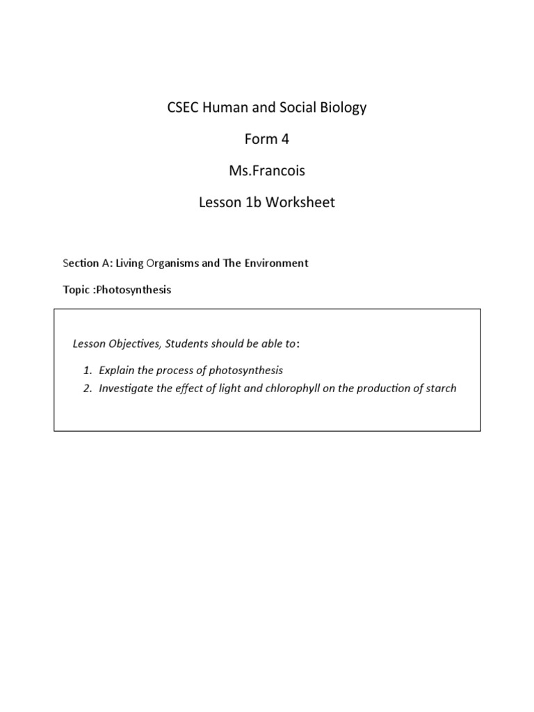 CSEC Human and Social Biology Form 4 Ms - Francois Lesson 1b Worksheet ...