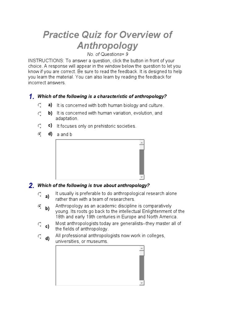 Practice Quiz For Overview of Anthropology: Which of The Following Is A ...