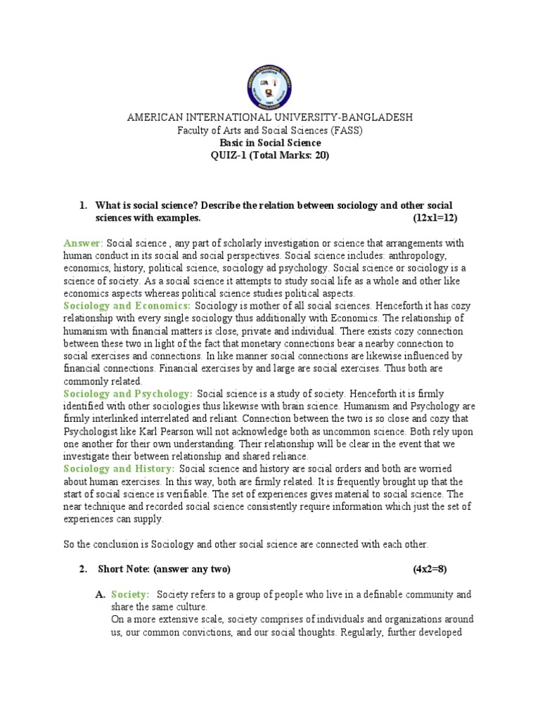 Basic in Social Science QUIZ-1 (Total Marks: 20) : Answer | PDF ...