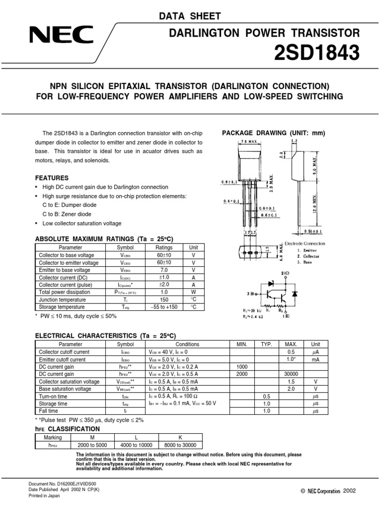Darlington Power Transistor: Data Sheet | PDF | Bipolar Junction ...