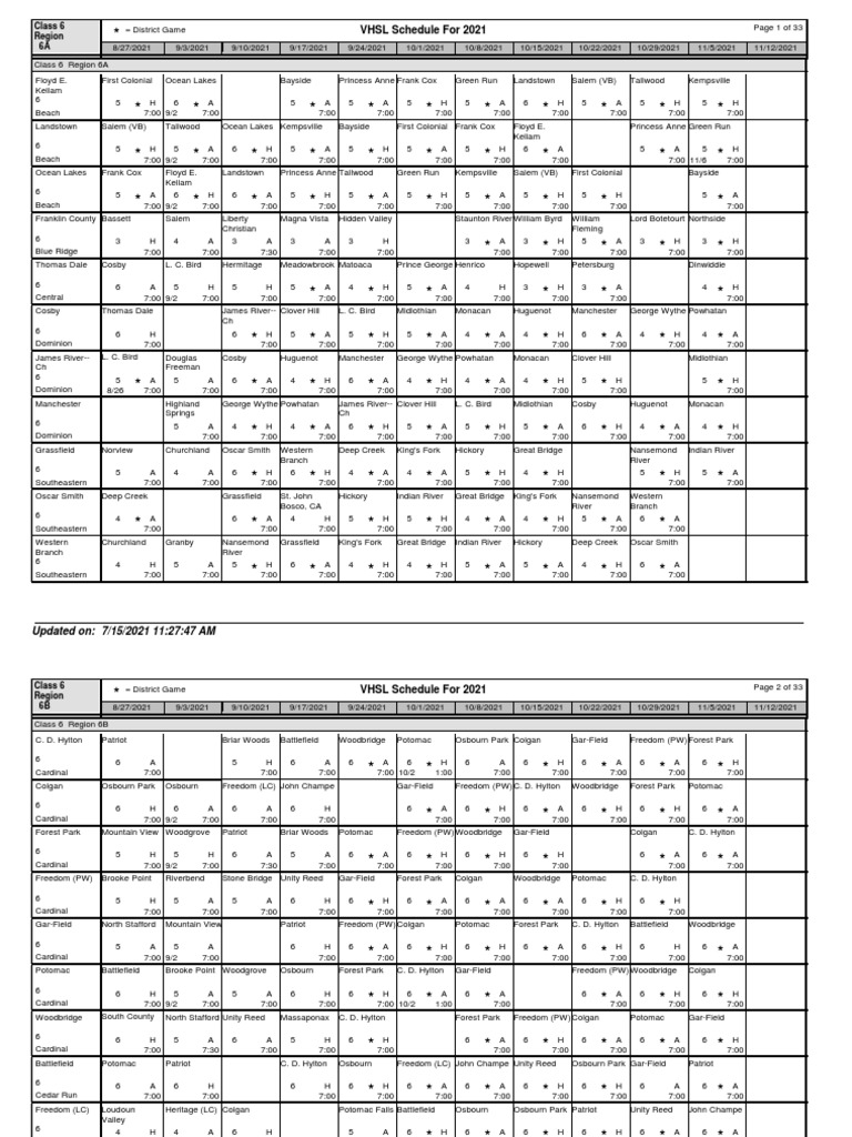 2021 VHSL Football Master Schedule | PDF | Mid Atlantic States | The ...