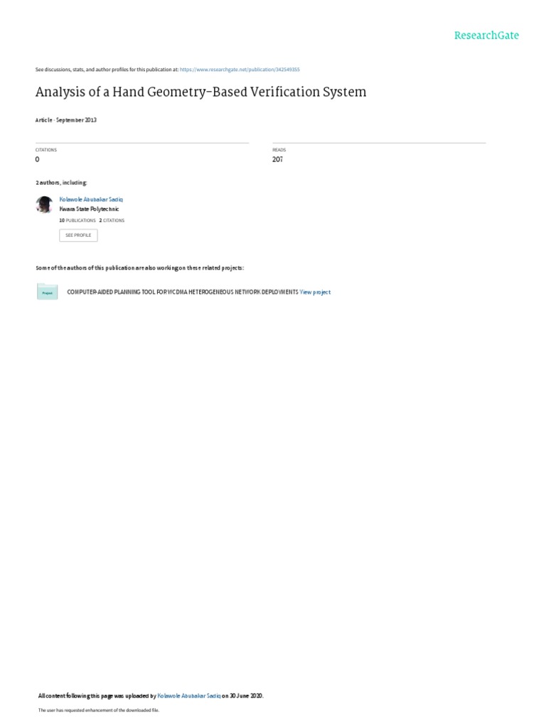 Analysis of A Hand Geometry-Based Verification System: September 2013 ...