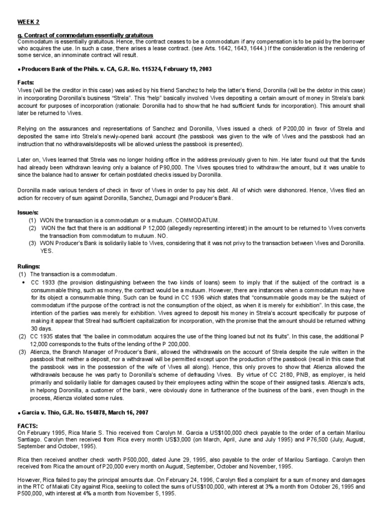 Week 2 G. Contract of Commodatum Essentially Gratuitous | PDF ...