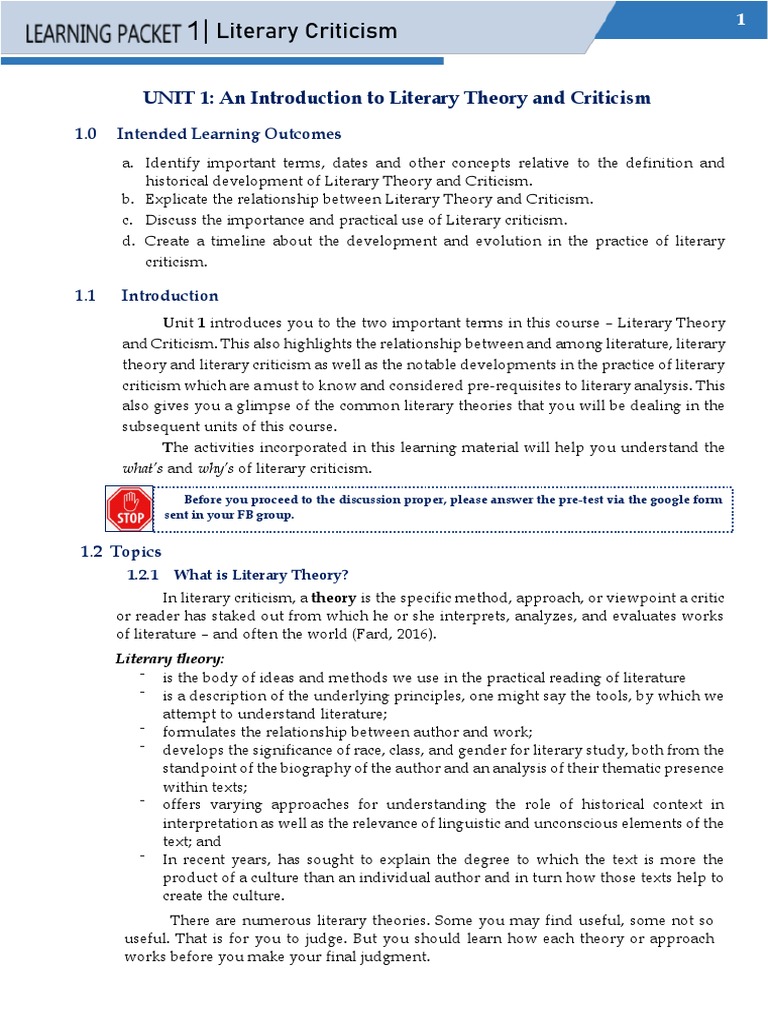 UNIT 1: An Introduction To Literary Theory and Criticism: 1.0 Intended Learning Outcomes ...