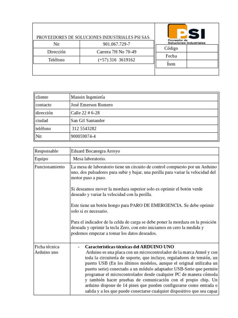 Fichas Tecnicas Mesa Lab | PDF | Arduino | Microcontrolador