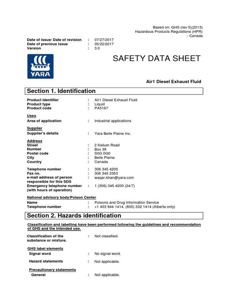 Safety Data Sheet: Section 1. Identification | PDF | Dangerous Goods | Firefighting