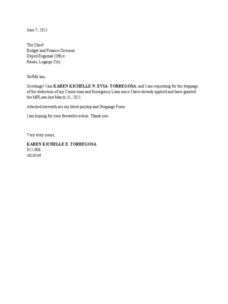 Request for Loan Deduction Stoppage | PDF | Finance & Money Management