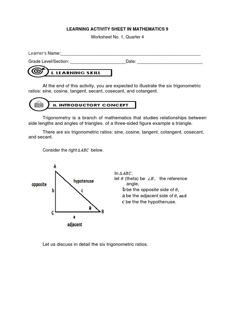 Trigonometric Ratios Worksheet G9 Q4 | PDF | Trigonometric Functions ...