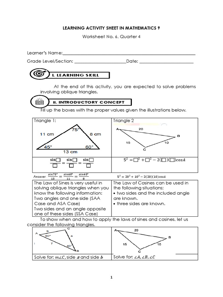 Math 9 Q4 Week 6 LAS 6 | PDF | Sine | Triangle