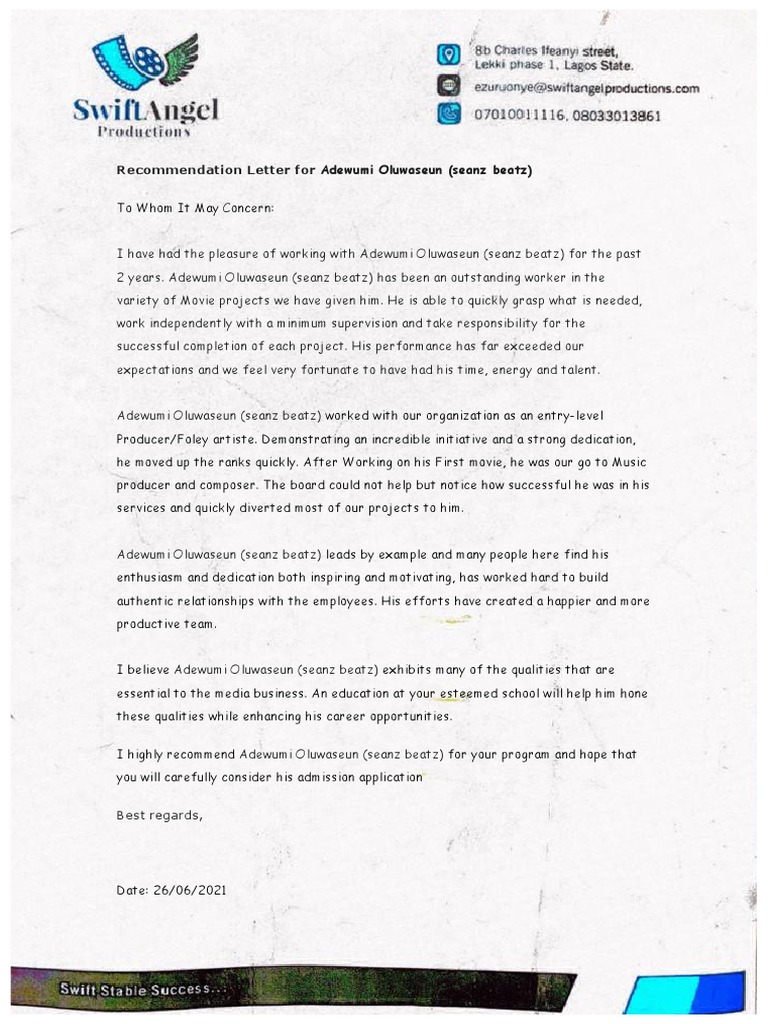 Music Producer Recommendation Letter Sample | PDF