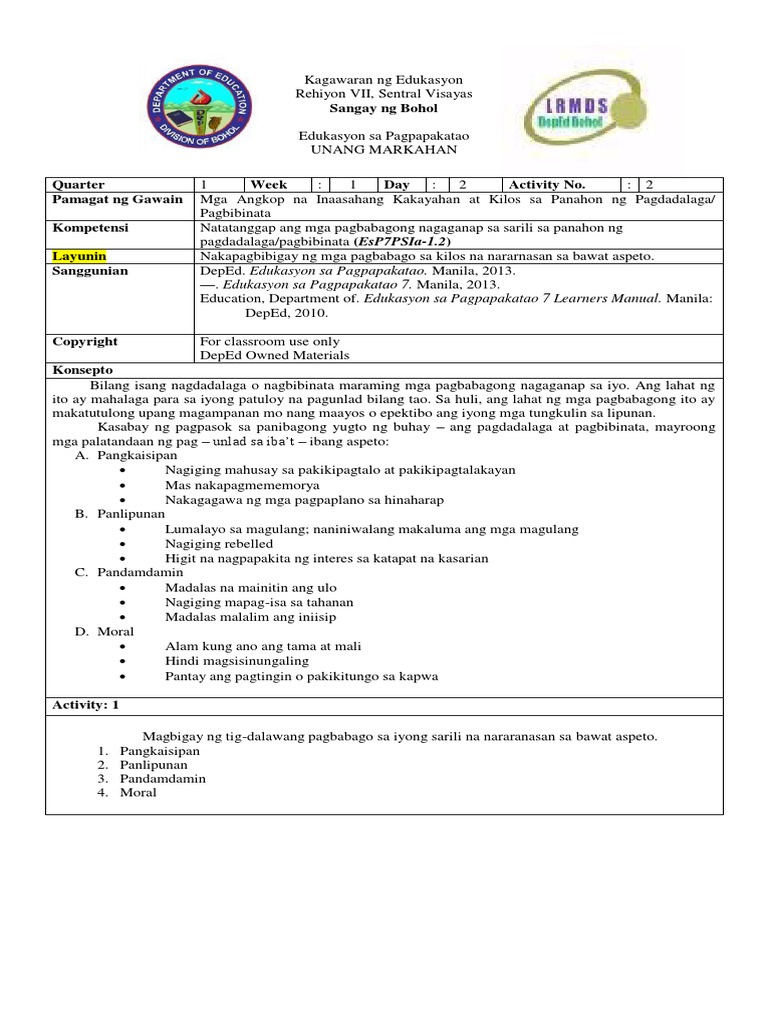 EsP7 Q1 Wk1 Day2 | PDF