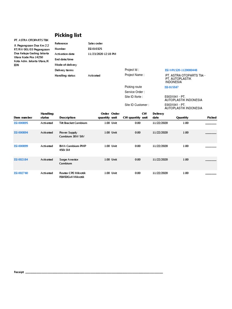 Picking List - PT. ASTRA OTOPARTS TBK - PT. AUTOPLASTIK INDONESIA | PDF ...