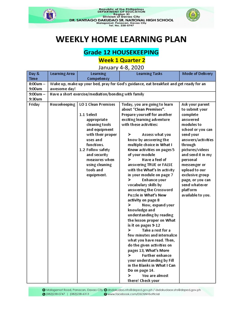 Grade 12 Housekeeping Weekly Plan | PDF | Educational Psychology ...