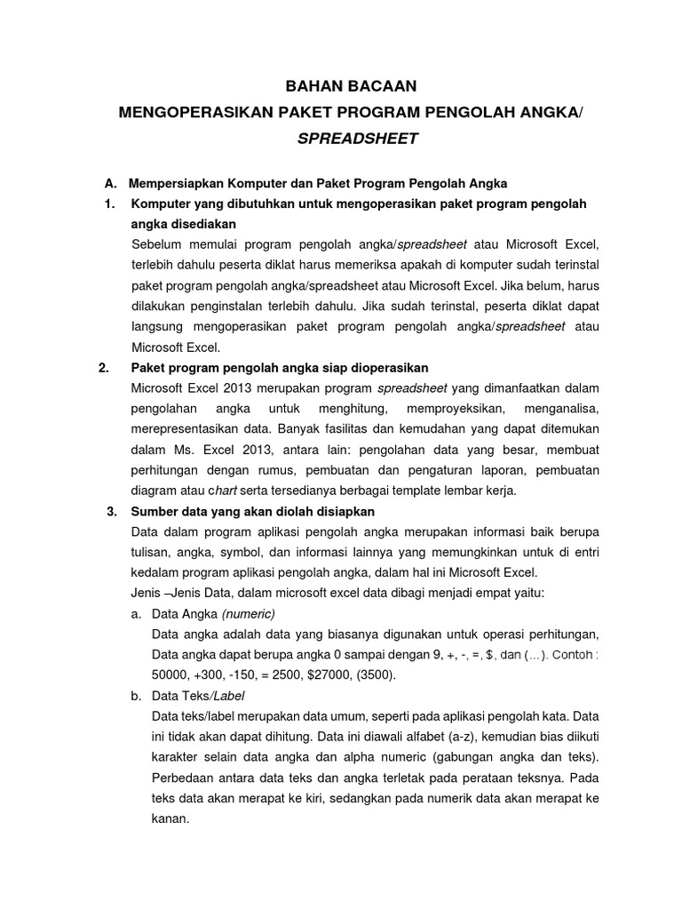 Bahan Bacaan Mengoperasikan Program Pengolah Angka Spreadsheet | PDF | Metode & Bahan Ajar ...